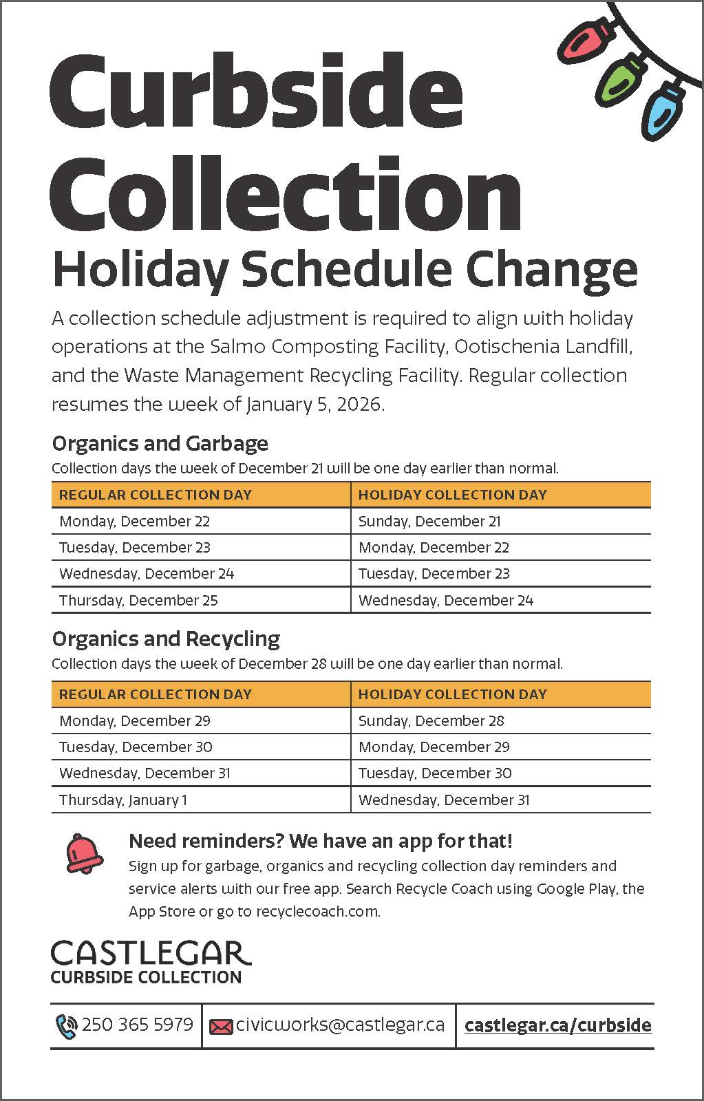 2025/ 2026 Holiday Curbside Collection Schedule - City of Castlegar